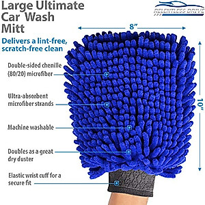 Relentless Drive Car Wash Mitt & Works as Car Wash Sponge, Chenille Microfiber Wash Mitt Scratch Free, Ultra Absorbent Microfiber Mitt for Cars, Trucks, SUV, Boat & Motorcycle (Large)