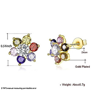 WSKFLY Colored Cubic Zirconia Stud Earrings for Women,14K Gold Plated Crystal Flower Exquisite Earring for Mother, Ladies