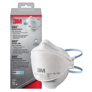 3M Aura Particulate Respirator 9205+ N95, Lightweight, Three Panel Designed Respirator Helps Provide Comfortable And Convenient Respiratory Protection, 10-Pack