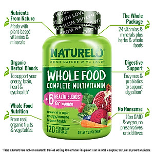 NATURELO Whole Food Multivitamin for Women - with Vitamins, Minerals, & Organic Extracts - Supplement for Energy and Heart Health - Vegan - Non GMO - 120 Capsules