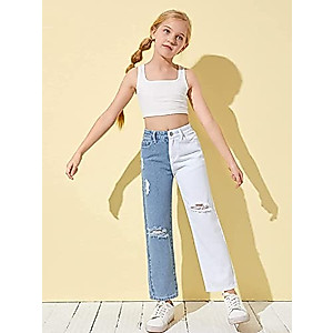 Floerns Girls Colorblock High Waist Ripped Jeans Destroyed Denim Pants White Blue Multi 160