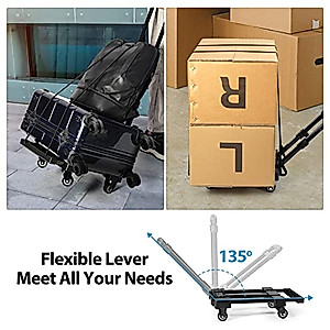 CrazyAnt Foldable Hand Truck, 220lbs Compact Heavy Duty Portable Dolly with Extendable Platform, Dolly Cart with 4 Wheels for Luggage Outdoor Moving Travel Auto
