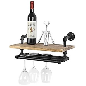 MyGift Industrial Black Metal Wine Glass Holder Wall Mount Rack with Display Shelf, Decorative Bar Stemware Hanger with Burnt Wood Floating Shelf - Holds 6 Glasses