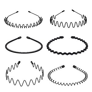 Nomakk 6 Pieces Metal Headbands Wavy Hairband Spring Hair Hoop Sports Fashion Hair Bands Unisex Black Elastic Non Slip Simple Headwear Accessories