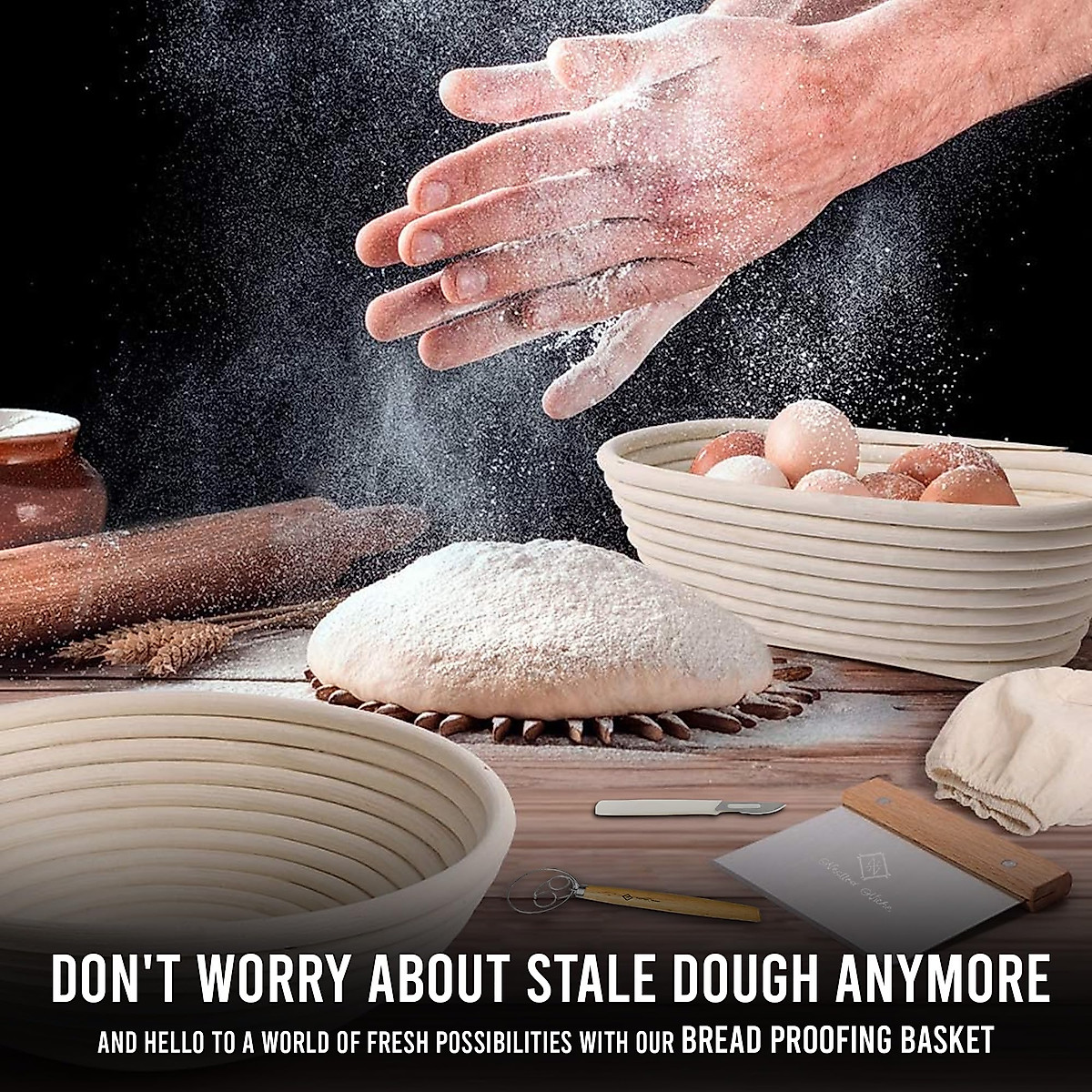 Nestled Niche Bread Proofing Basket, Tools and Accessories with Bread Bowls for Rising and Baking, Cane Wicker Banneton and Round Bread Scraper