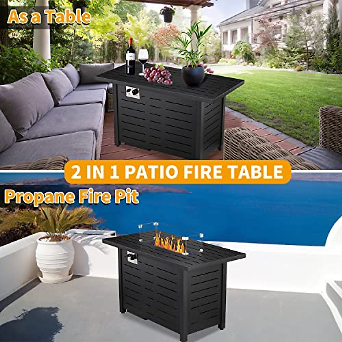 ZAFRO Fire Pit Table, 43" Propane Fire Pit, 50,000 BTU Auto-Ignition Fire Pits for Outside with Lid, Rain Cover, Tempered Glass Wind Guard & Glass Rocks, Garden/Backyard/Deck Patio (Rectangular)…