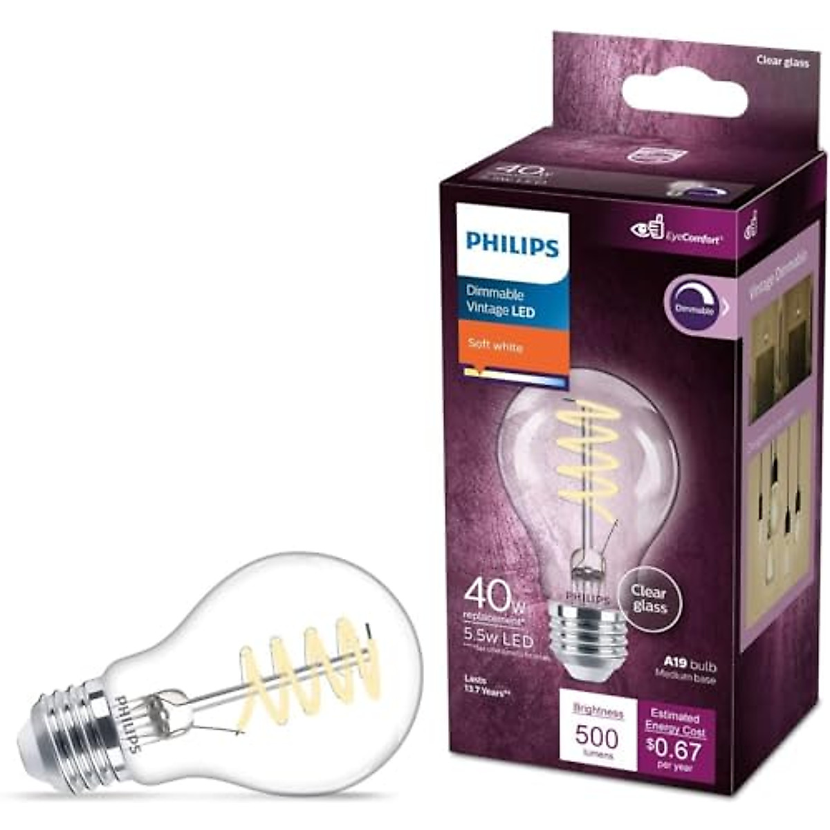 PHILIPS LED Vintage Flicker-Free Clear Spiral A19 Dimmable, Eyecomfort Technology, 500 Lumen, Soft White(2700K), 5.5W=40W, Title 20 Certified, E26 Base (565788), 1 Count (Pack of 1)
