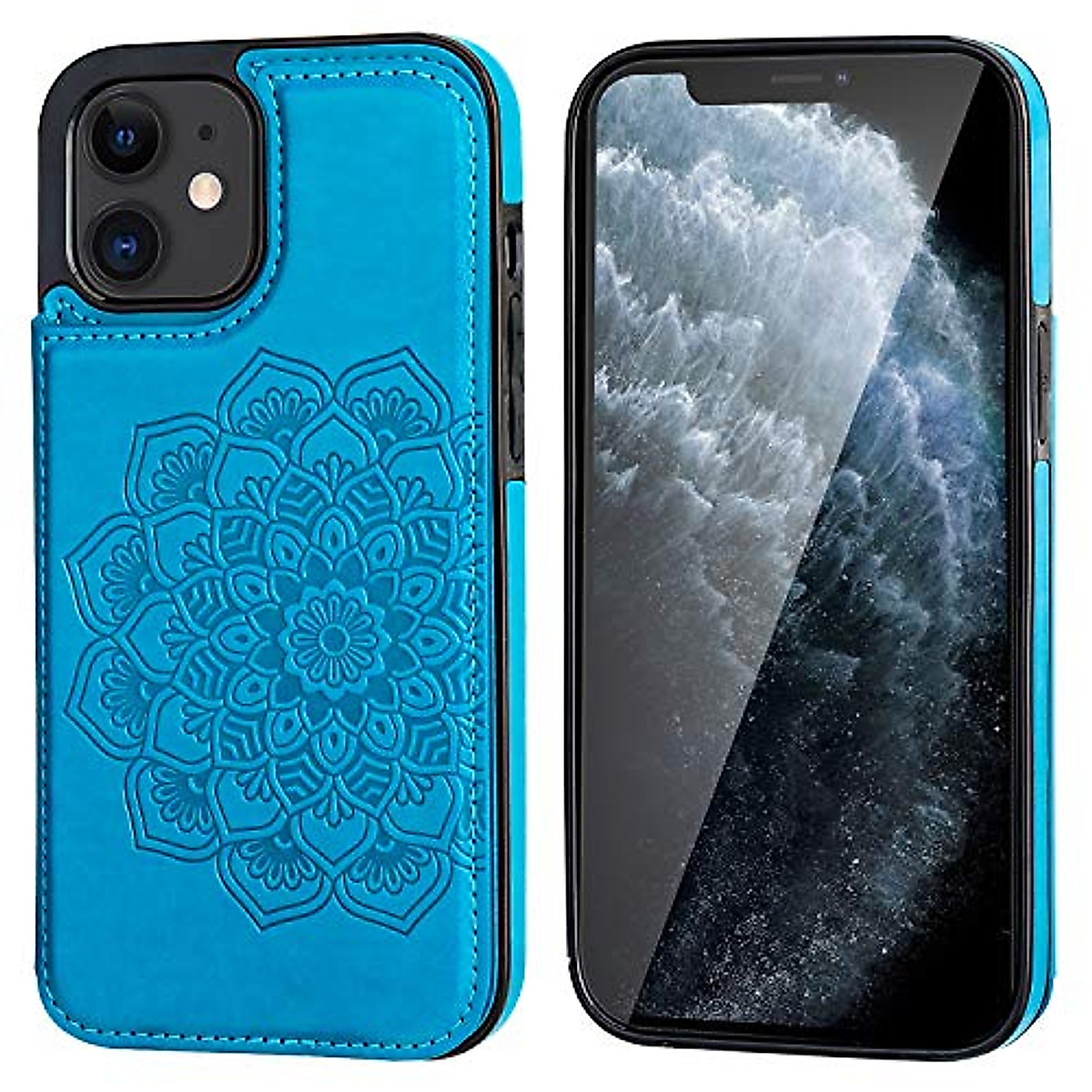 Vaburs Compatible with iPhone 12 and iPhone 12 Pro Case Wallet with Card Holder,Embossed Mandala Pattern Flower PU Leather Double Magnetic Buttons Flip Shockproof Protective Cover 6.1 Inch(Blue)