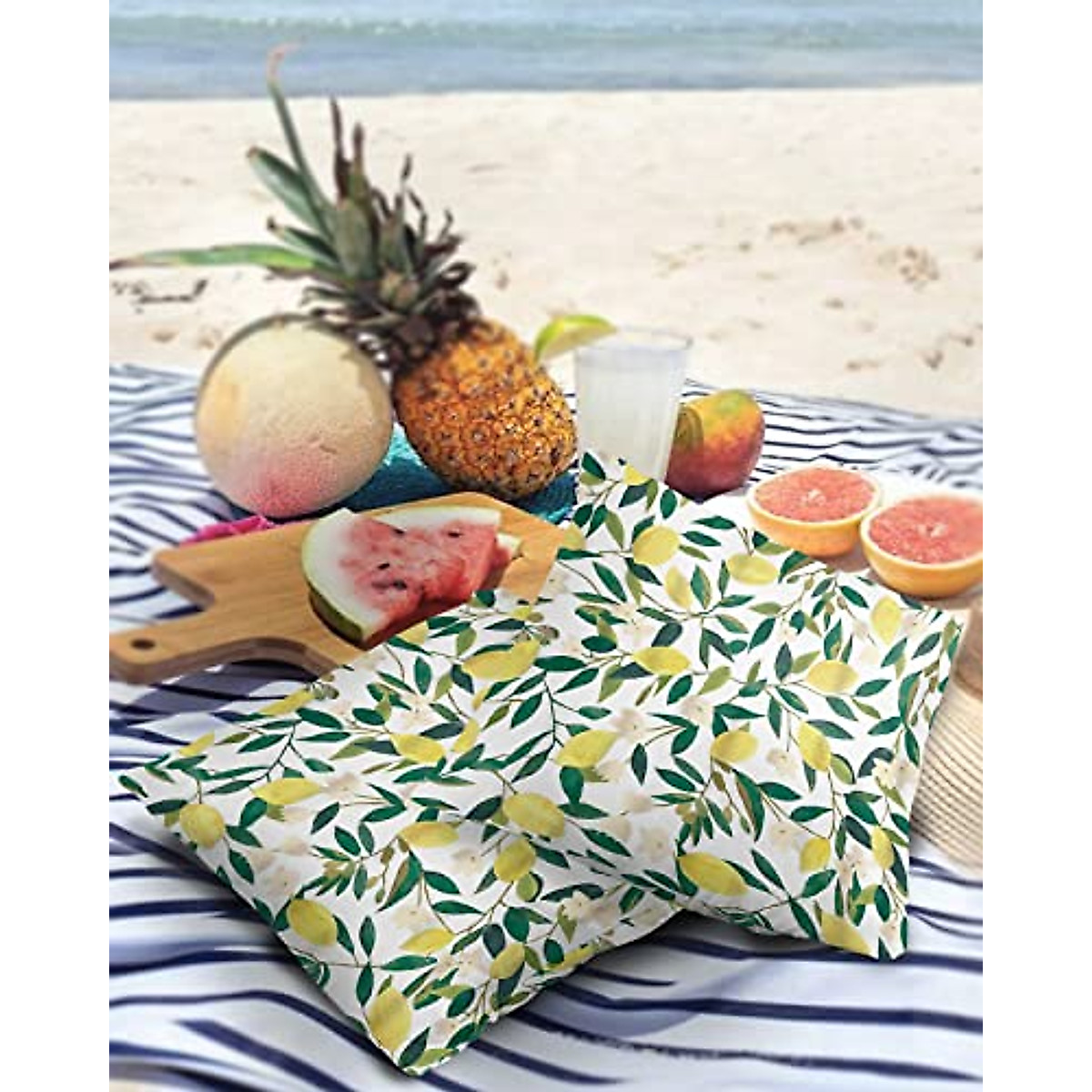 Waterproof Outdoor Throw Pillow Cover Yellow Lemon Fruits Lumbar Pillowcases Set of 2 Green Leaves Plant Decorative Patio Furniture Pillows for Couch Garden 18x18 inch
