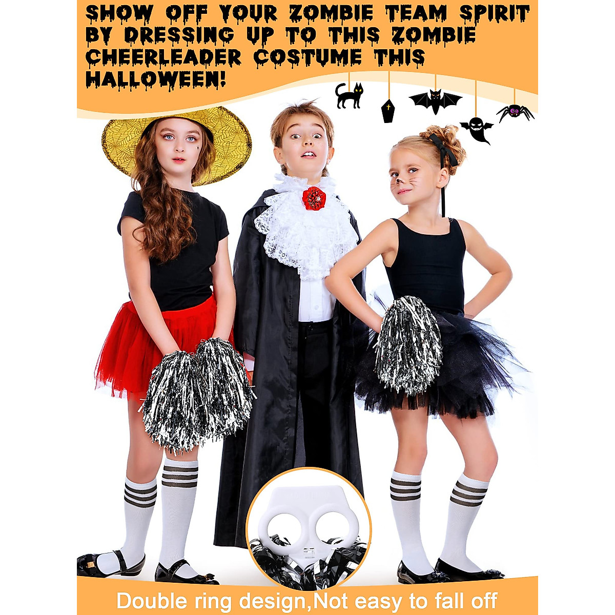 Eurzom 5 Pcs Zombie Cheerleader Costume for Girls 2 Pom Poms 2 Hair Ropes and Socks for Halloween Cheerleader Cosplay Party(Black and White, Child Thin Bow)