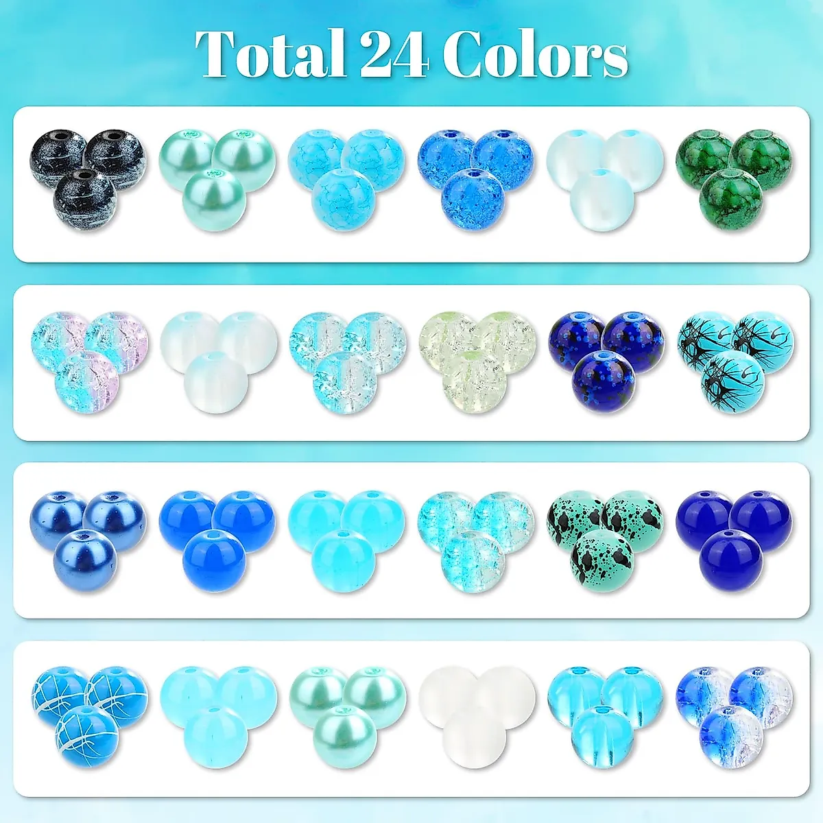 720pcs Glass Beads for Jewelry Making 8mm, 24 Colors Bead Bracelet Making Kit Blue Round Loose Beads for Bracelet Earring Necklace Jewelry Making Supplies