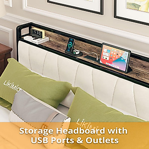 LIKIMIO Full Size Bed Frame, Storage Headboard with Charging Station, Solid and Stable, Noise Free, No Box Spring Needed, Easy Assembly (Walnut and Beige)