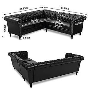 Vaztrlus Chesterfield L-Shaped Faux Leather Sectional Sofa， Modern, Large Corner Couch for Living Room with Modular Button Design. Five-Seater Sofas (Black