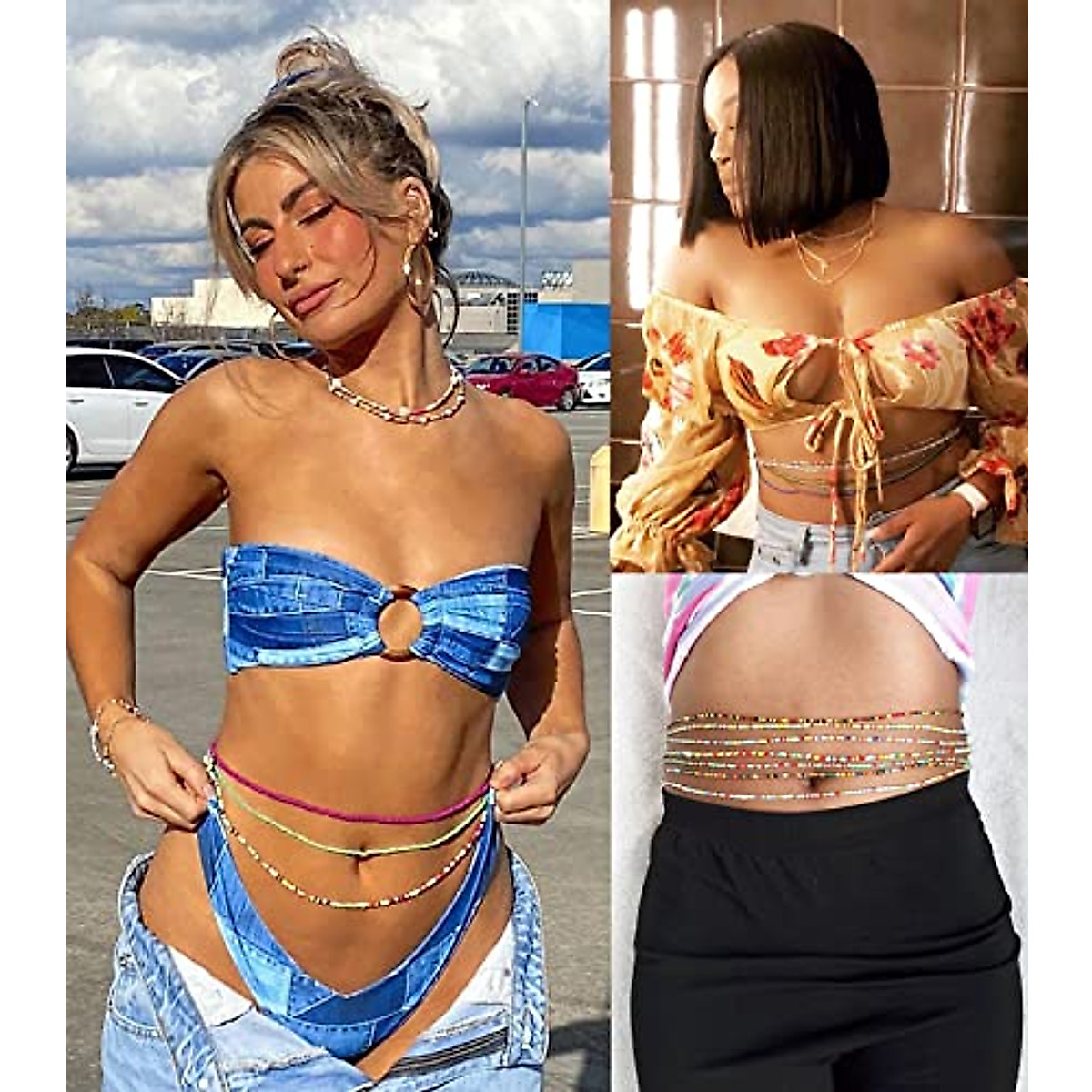 12PCS 24-70 Inches Plus Size Waist Beads Chains for Women Handmade African Belly Beads Layered Body Chain Beach Bikini Jewelry