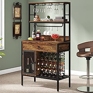 Tribesigns Wine Bar Cabinet with Storage Drawer, 64 Inches Tall 32-Bottles Large Capacity Freestanding Wine Rack Bar Cabinet with 6 Hooks for Home Bar, Kitchen, Wine Cellar, Rustic Brown