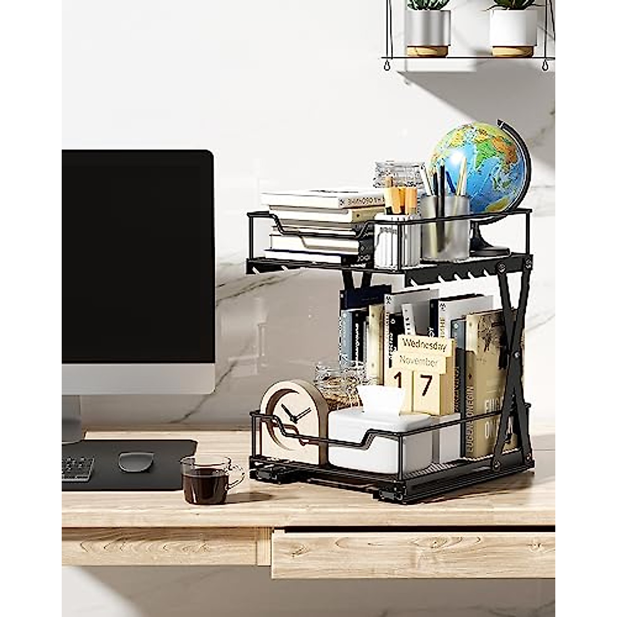 Metal Under Sink Organizer, 2 Tier Pull Out Cabinet Organizer with 5 Height Adjustable, Hold up to 80lbs, Multi-Purpose Organization and Storage For Kitchen Bathroom Pantry-Heavy Duty