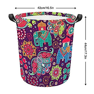 Colorful Flower Elephant Waterproof Laundry Baskets Bohemia Collapsible Laundry Hamper with Handles Large Round Toy Bin for Dirty Clothes,Kids Toys,Bedroom,Bathroom