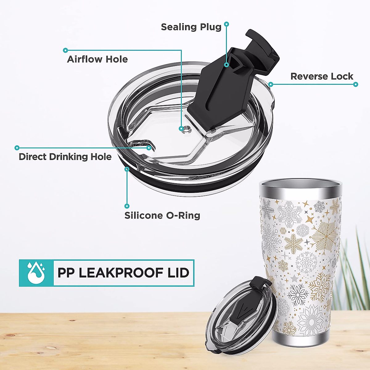 HAUSHOF 20oz Christmas Tumbler, Stainless Steel and Double Wall Insulated Travel Coffee Mug with Lid, Good Choice for Christsmas Gifts-White with Snowflakes