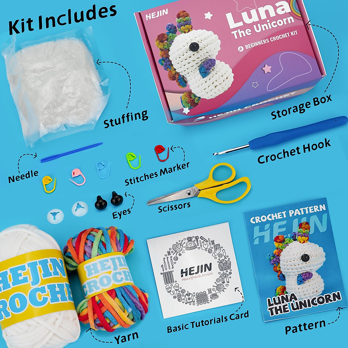 Crochet Kit for Beginners, Unicorn Crochet Kits for Kids and Adults Include Rainbow Yarn, Videos Tutorials, Eyes, and Crochet Hook - Crochet Animal Kit, Beginner Crochet Kit - Gift for Birthdays