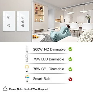 MoesGo 3 Gang Smart Dimmer Switch, Independently Control 3 Lights, Single Pole, Neutral Wire Needed, Smart Light Switch for Dimmable LED/CFL/INC Bulbs, Work with Alexa/Google Home, White