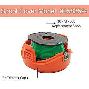 IVONNEY SF-080 Replacement Spool for Black and Decker Trimmer Spool Compatible with GH3000 LST540 LST540B GH3000R, 20-Foot 0.08-Inch Auto Feed Trimmer Line (10 Pack with 2 pcs 90583594 Caps)