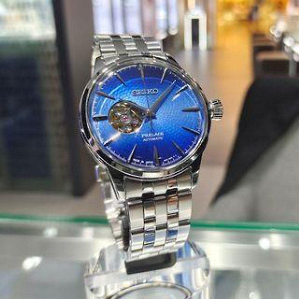 Seiko Presage Cocktail Time ‘Blue Acapulco’ Open Heart Steel Watch SSA439J1, White