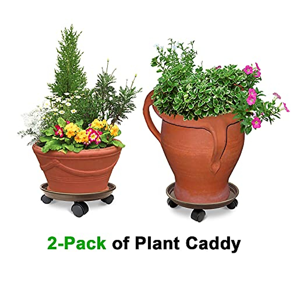 JzNova 2 Pack of 14 inch Rolling Plant Pallet Caddy with 5 Wheels, Round Flower Pot Mover, Indoor Rolling Planter Dolly on Wheels, Outdoor Planter Trolley Tray Coaster, Brown