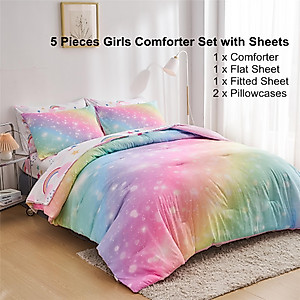 URLINENS Rainbow Girls Twin Comforter Set with Sheets, 5 Pieces Twin Bed in a Bag with Comforter, Sheets and Pillowcases, Soft Microfiber Pastel Glitter Fun Girly Twin Bedding Set for Kids Teens
