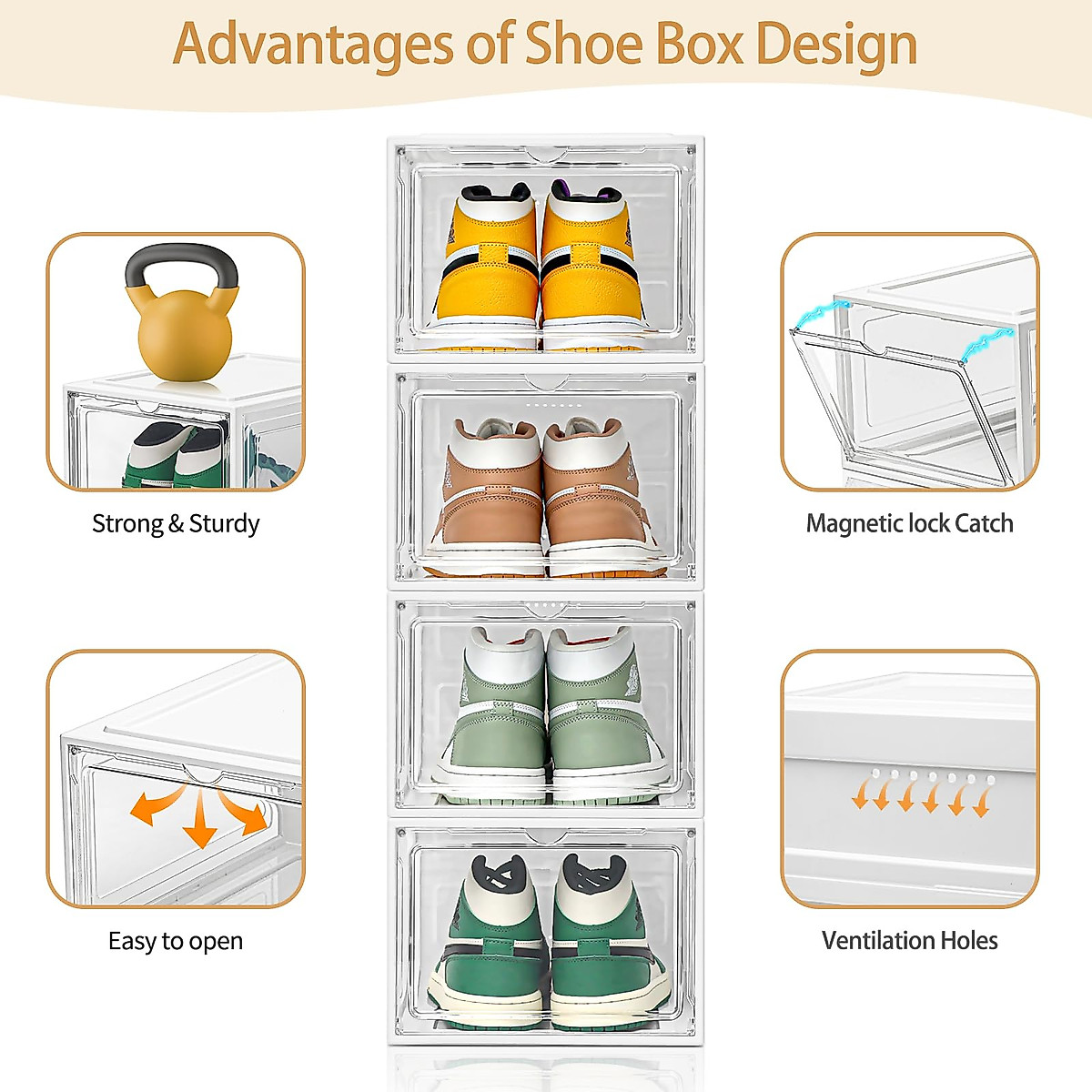 Upgraded X-Large 6 Pack Clear Shoe Storage Organizer,Stackable Shoe Rack for Closet,Plastic Shoe Boxes with Magnetic Door,Shoe Containers For Sneaker Display,Fit up to US Size13