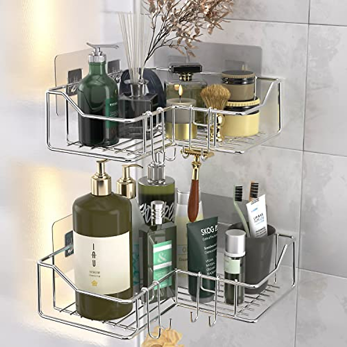 TETOTE Corner Shower Caddy,2-Pack Storage For Inside Shower Adhesive Shelf with Hooks,SUS304 Rustproof No drill Organizer Suction cups for Bathroom Stick On Shelves