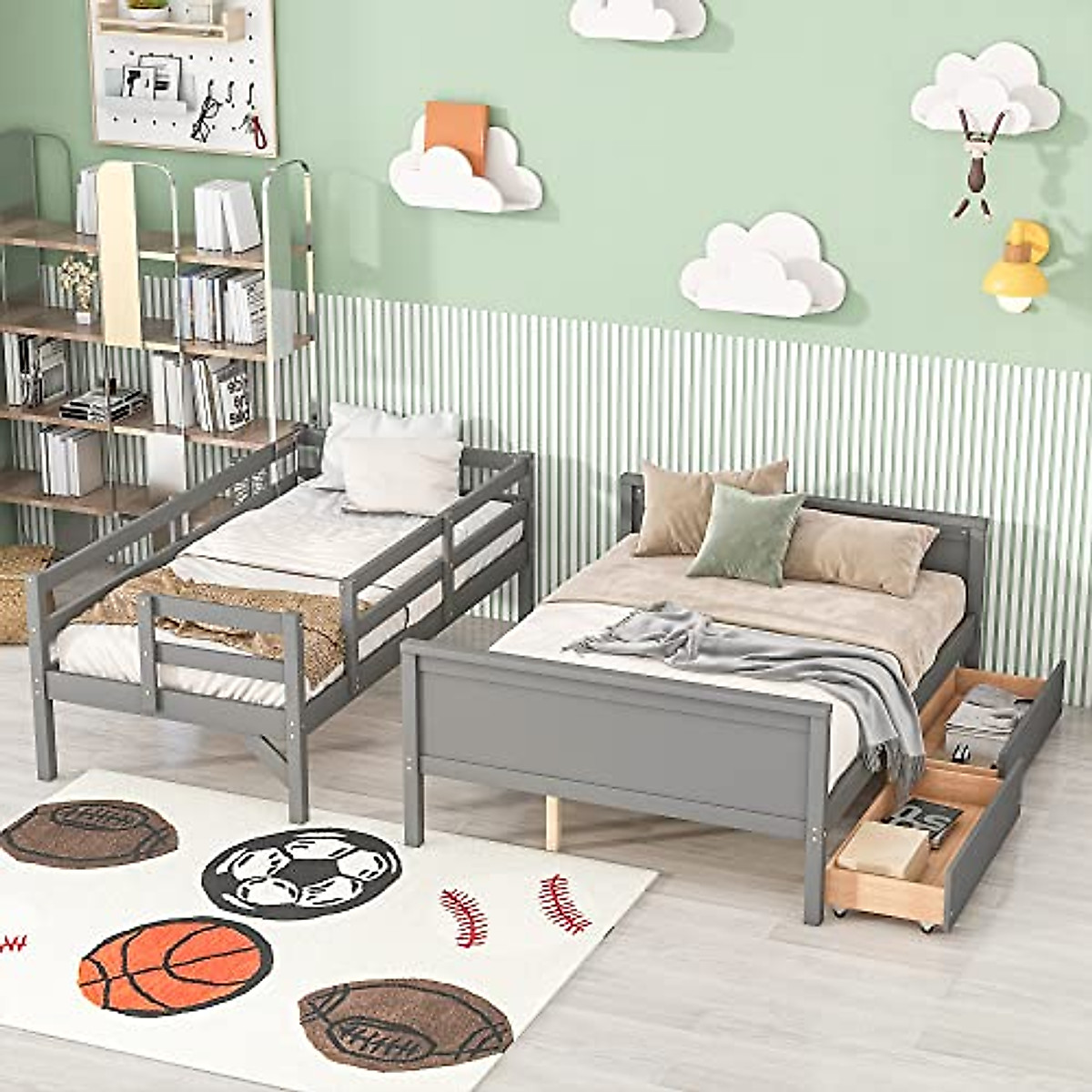 GLORHOME Twin Over Full Bunk Bed,Wooden Bunk Bed, Bunk Bed with Drawers,Slide,Grey