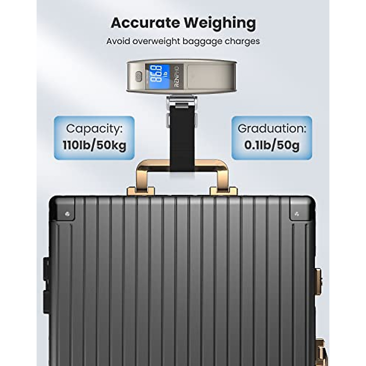 RENPHO Luggage Scale, Travel Essentials, Portable Digital Suitcase Weight Scale with Backlit LCD Display for Travel, Baggage Weighing Scale with Tare Function, 110lb/50kg, Battery Included