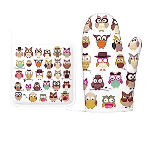 Oven Mitts Pot Holders Sets Funny Owl Cartoon Silicone Oven Gloves Kitchen Accessories for Baking Cooking Family Gathering