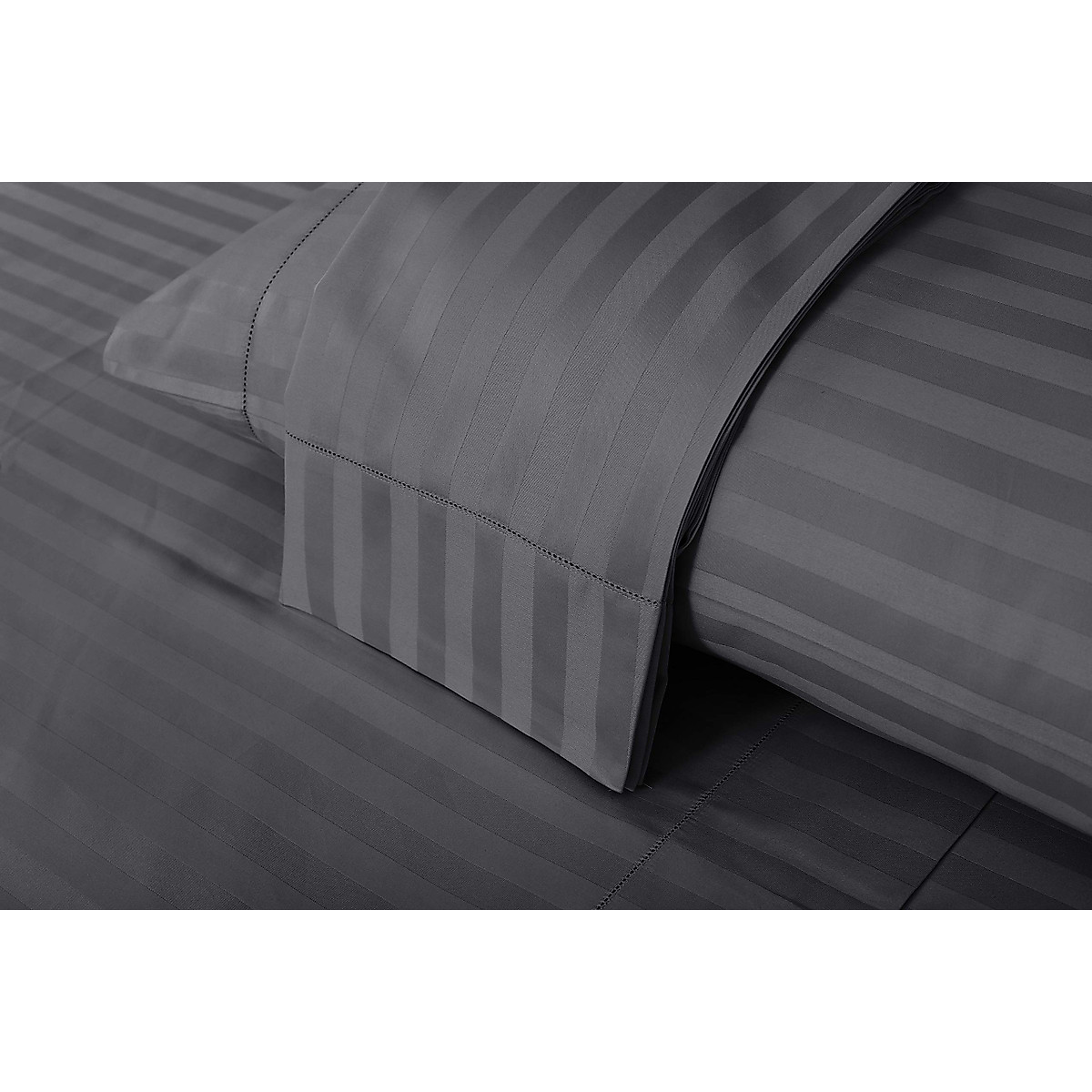 Threadmill 500 Thread Count Full-Size Damask Stripe, 4 Pc Luxury Cotton Bedding Set, Silky Smooth Dark Grey Sheets with 16" Elasticized Deep Pocket, 2 Pillowcases & Free Tote Bag