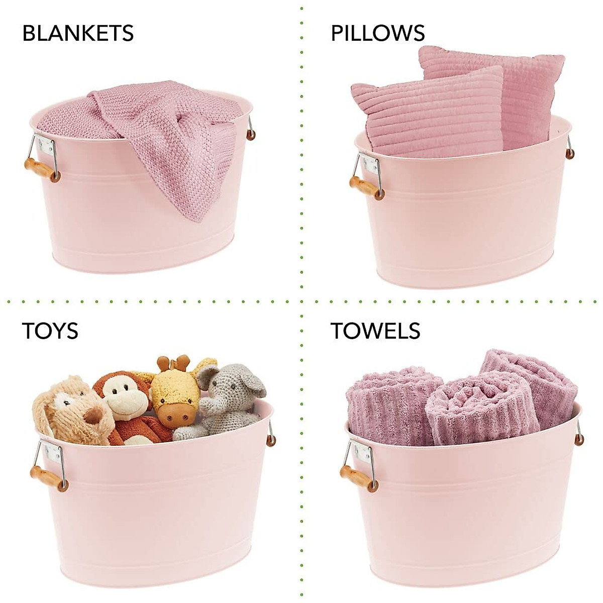 mDesign Large Metal Beverage Tub Oval Cooler for Beer, Wine, Ice, and Drinks - Portable 4.75 Gallon/18 Liter Cold Drink Trough for Parties - Steel Bin Bucket Stand with Bamboo Handles, Light Pink