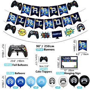 Video Game Party Decorations - 7th Birthday Decorations for Boys, HAPPY BIRTHDAY Banner, Video Game Balloons, Number 7 Blue Balloons, Gaming Hanging Swirls, Game On Birthday Party Supplies