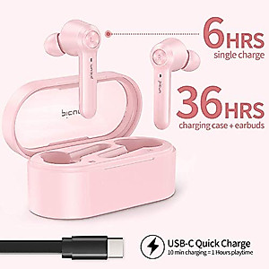 Picun True Wireless Earbuds 36 Hours Playtime, Bluetooth V5.0 Headphones, HiFi Immersive Bass in-Ear Headsets IPX8 Waterproof Sports Earphones w/HD Mic, Touch Control, USB-C, Fit for Women Girl Pink