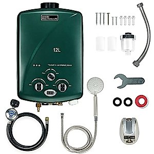 Gateenon 3.2GPM 12L Tankless Water Heater Propane Outdoor - Liquid Propane Gas LPG Instant Hot Water Heater Portable With Digital For Camping Shower, RV, Home, Green