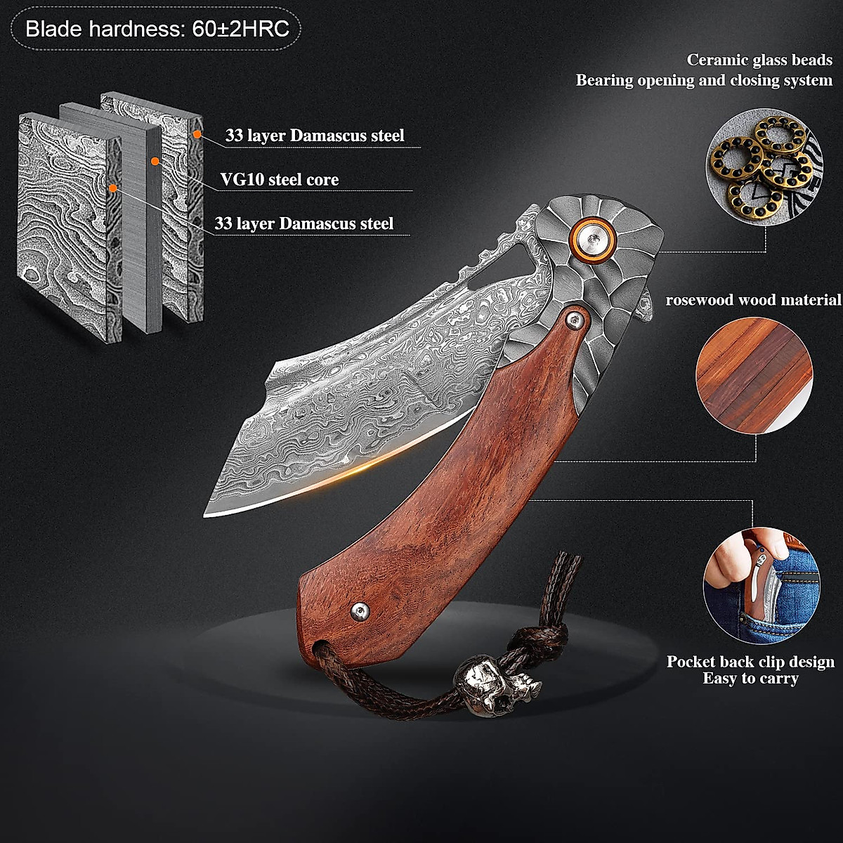 Minowe men's pocket knife Damascus Steel Handmade Folding Knife，3.5 in blade rosewood handle，with leather case ，Liner Lock Steel ball bearings，pocket clip ，EDC Camping Outdoor Survival Knife