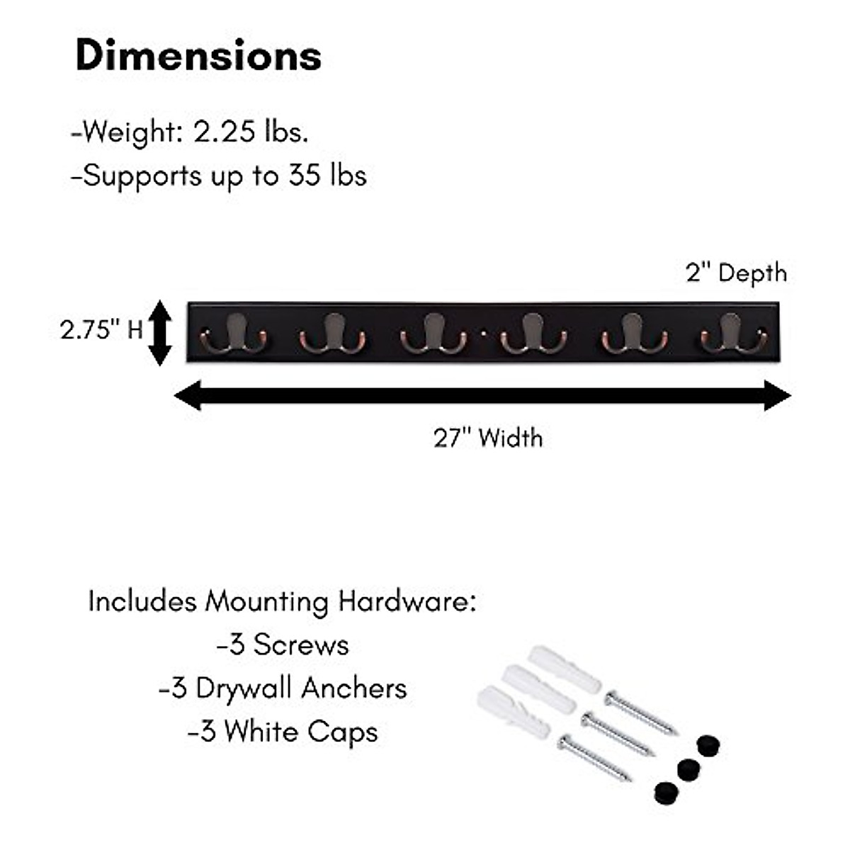 BIRDROCK HOME Dual Hook Coat and Hat Rack - 6 Dual Hooks - 27 Inches - Wall Mount - Decorative Home Storage - Entryway Foyer Hallway Bathroom Bedroom Rail - Oil Rubbed Bronze Hooks - Dark Brown Pine