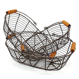 CVHOMEDECO. Oval Metal Wire Storage Baskets Rustic Egg Baskets with Wooden Handles Farmhouse Gathering Baskets. Rusty, Set of 3