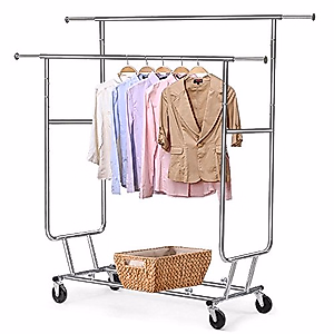 go2buy Commercial Clothing Garment Rolling Collapsible Rack Hanger Holder Double Rail