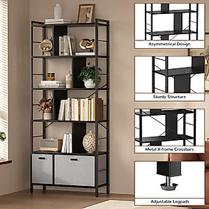 armocity 74 Inch Tall Bookshelf, 6 Tier Bookcase with Drawers, Modern Book Shelf Display Standing Shelf Units with Storage, Wood and Metal Bookshelves for Living Room, Bedroom, Home Office, Black