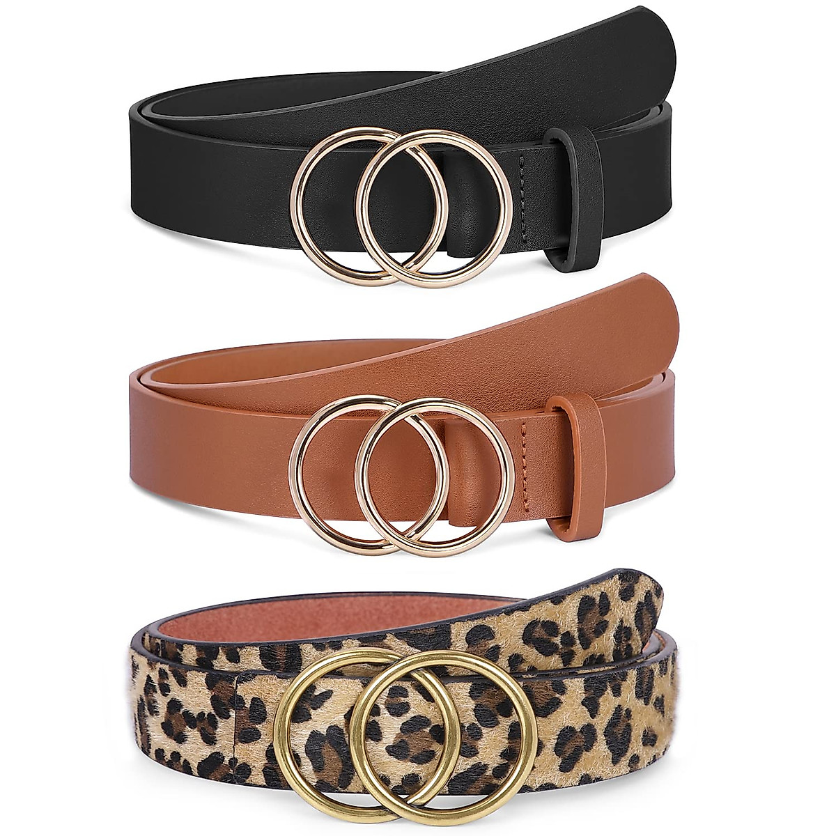 XZQTIVE 3 Pack Women's Leather Belts For Jeans Dresses Pants Fashion Ladies Waist Belt with Gold Buckle