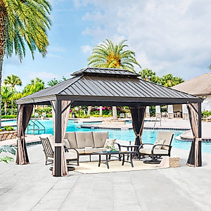 Patio Tree 10' x 12' Hardtop Aluminum Permanent Gazebo Outdoor Double Roof Gazebo Canopy with a Mosquito Net and Privacy Sidewalls