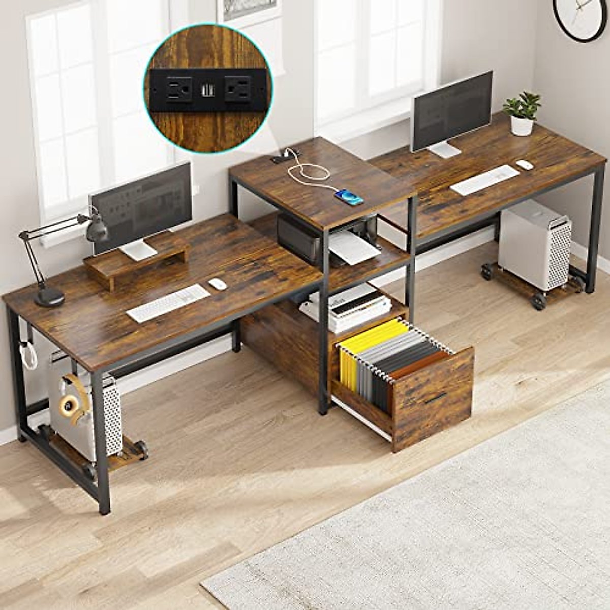 SEDETA 98" Home Office Desk, 2 Person Computer Desk with Letter/A4 File Drawer & Power Strip with USB, Long Desk with Storage, Printer Shelf & Monitor Stand for Home Office, Rustic Brown