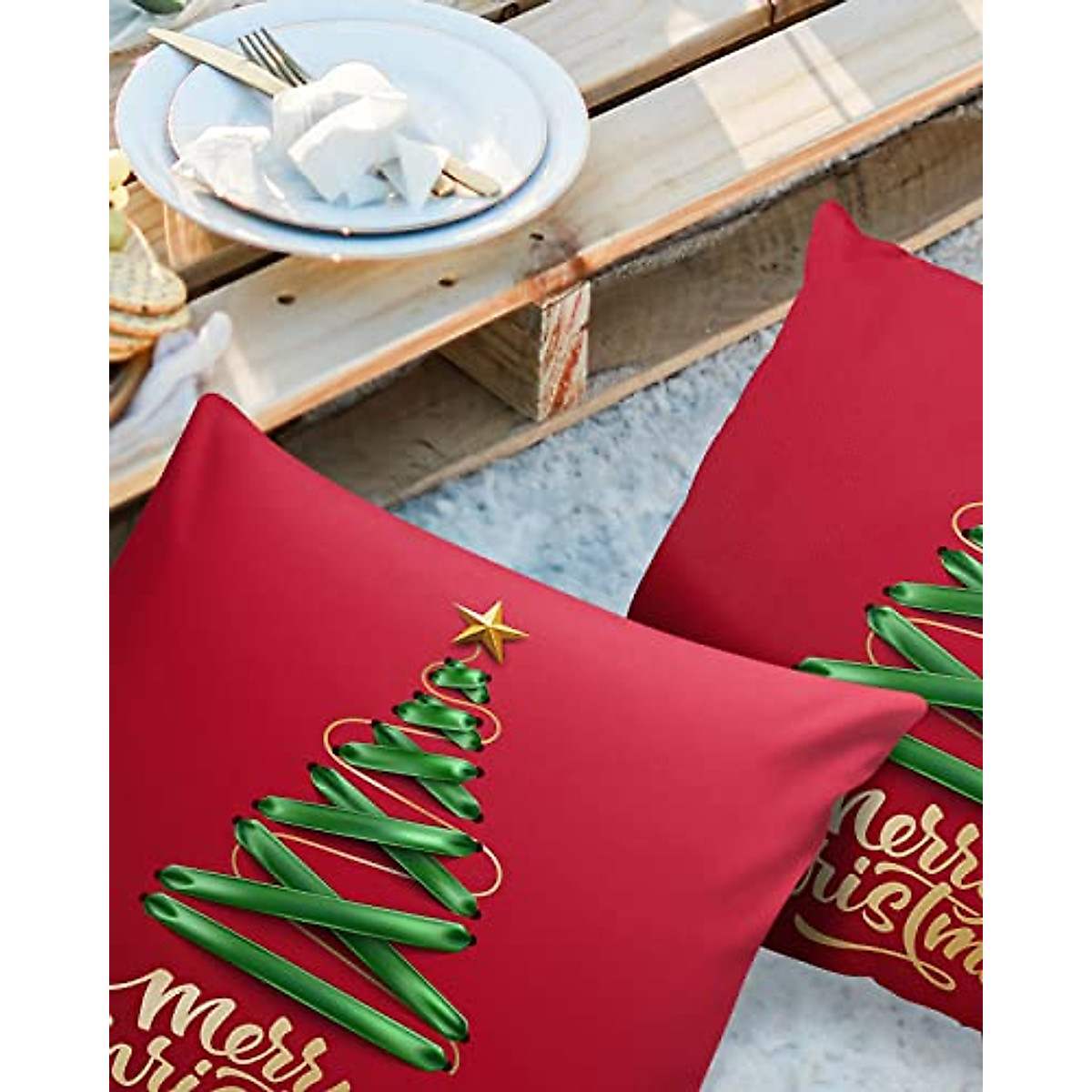 Outdoor Waterproof Throw Pillow Covers, Christmas Tree Furniture Decorative Throw Pillowcase Set of 2, Green Xmas Tree with Star Christmas Red Cushion Case for Patio Tent Couch 18x18 Inch