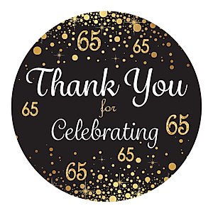 Black and Gold 65th Birthday Thank You Stickers - 1.75 in - 40 Labels