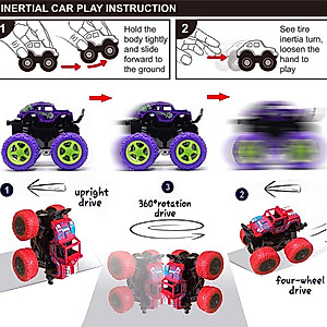 Monster Trucks for Boys, 4 Pack Pull Back Vehicles Cars for Toddlers, 360° Rotation 4 Wheels Drive Durable Friction Cars Powered Push and Go Toys Truck Playset Gift for 3 4 5 6 7 8 Year Old Kids Girls