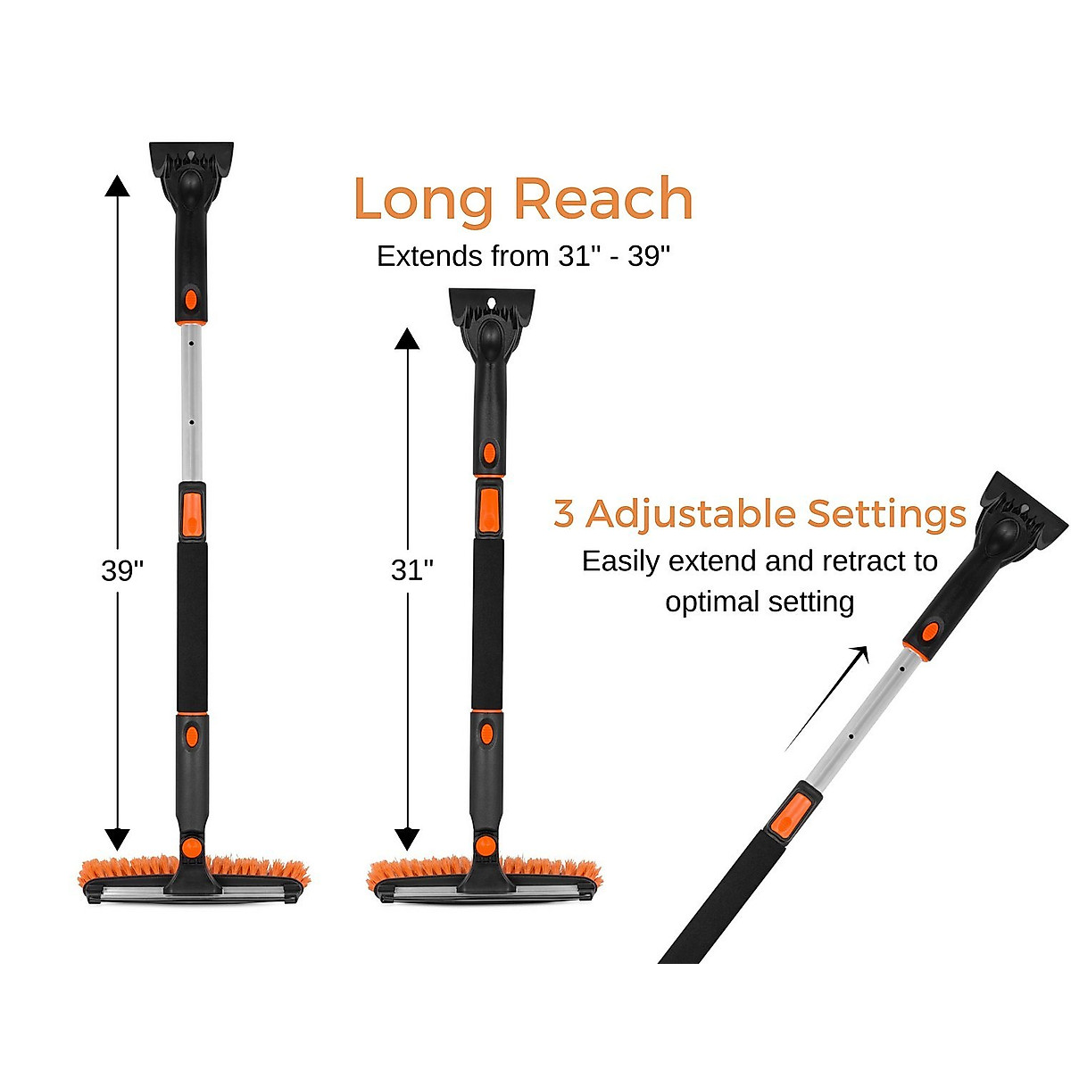 Snow MOOver 39" Extendable Snow Brush with Detachable Ice Scraper | 11" Wide Squeegee & Bristle Head | Lightweight Aluminum Body with Ergonomic Grip | No Scratch Winter Cleaning Tool for Cars & SUVs